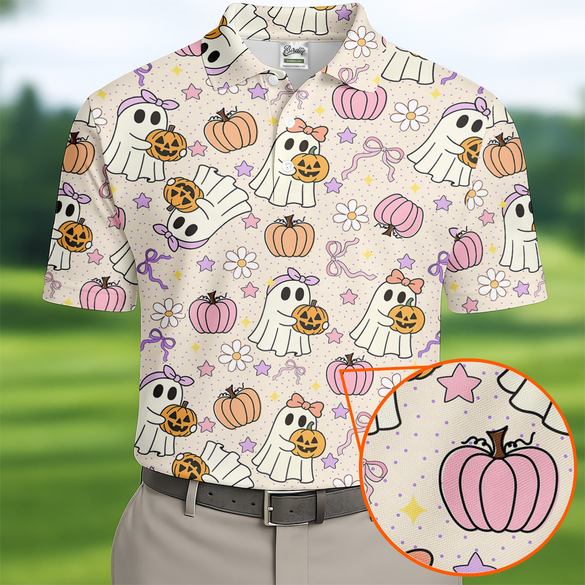 Halloween Seamless Pattern Cute Golf Shirt, Retro Halloween Polo Shirt ...