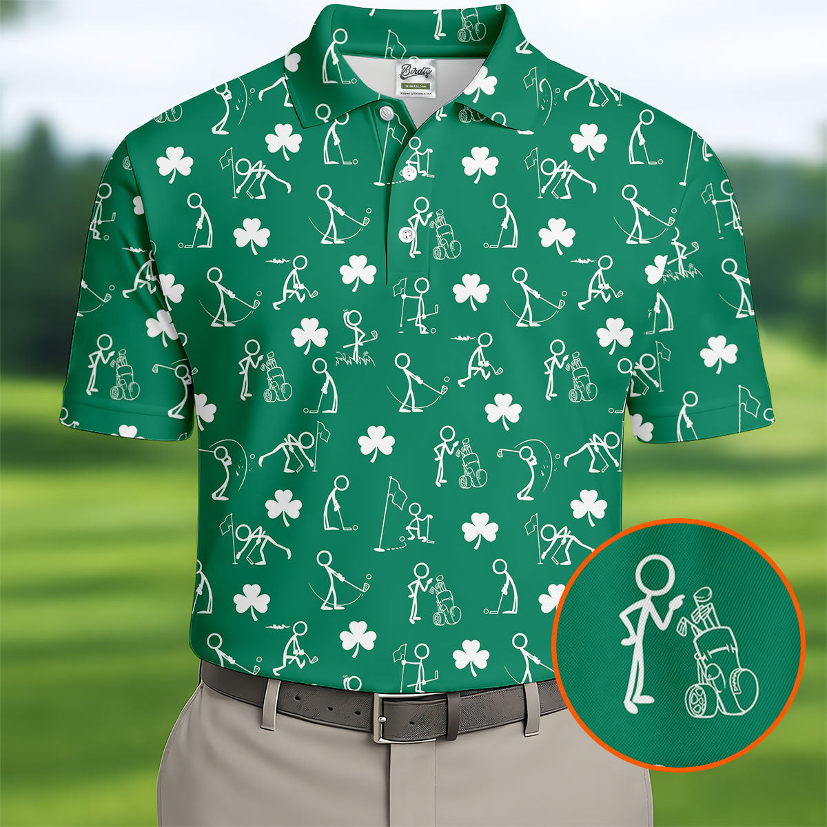 Stick Figure Golf Pose St Patrick's Day Shamrock Green Golf Shirt, Pol ...