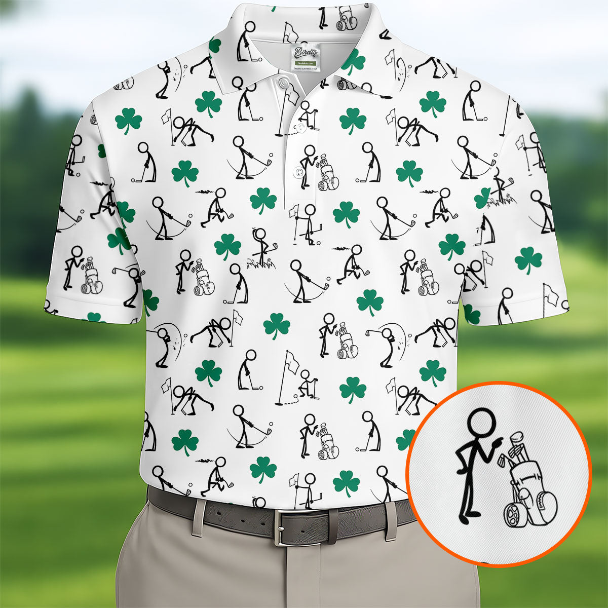 Stick Figure Golf Pose St Patrick's Day Shamrock White Golf Shirt, Pol ...