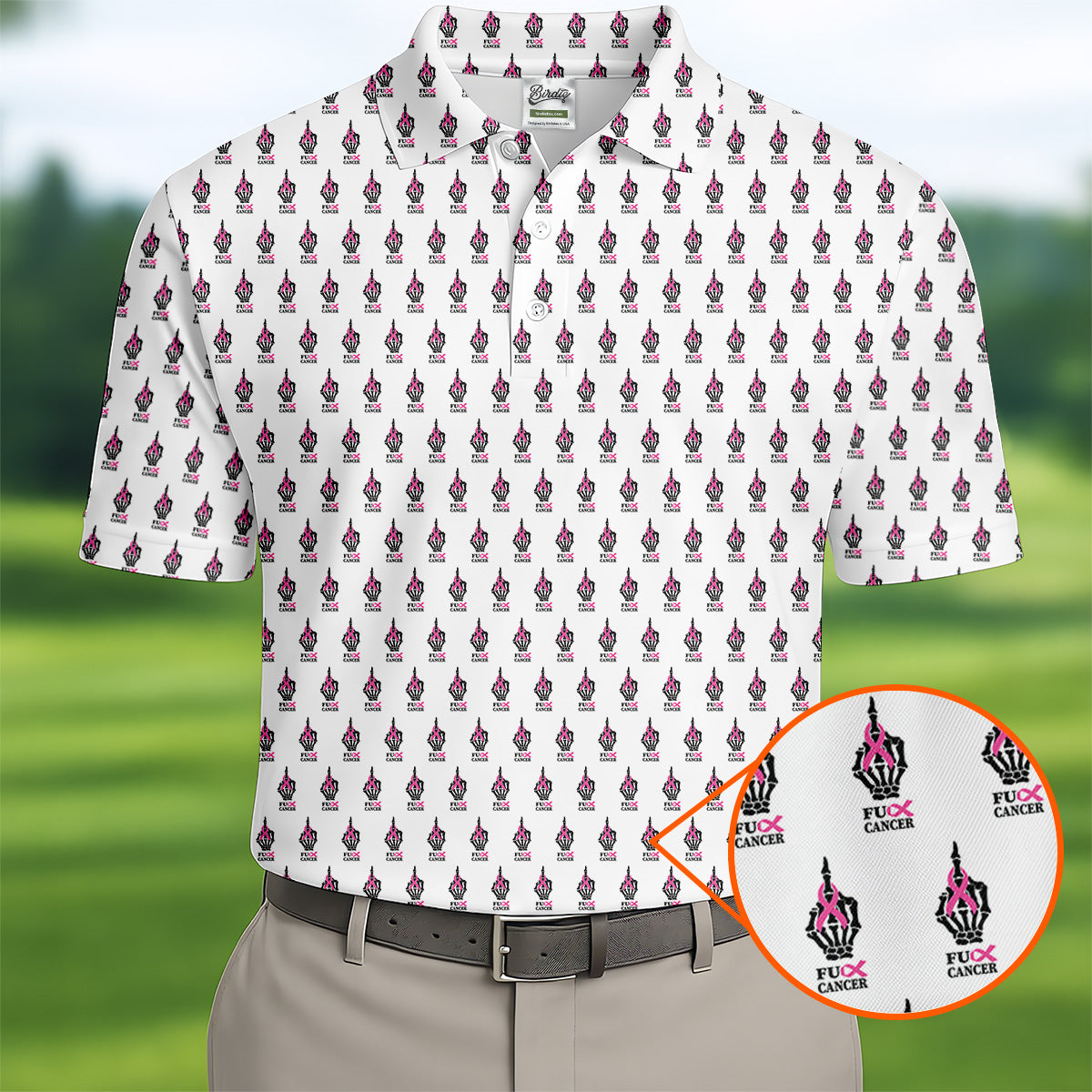 Funny Middle Finger Pink Ribbon Men's Golf Shirt, Breast Cancer Golf S ...