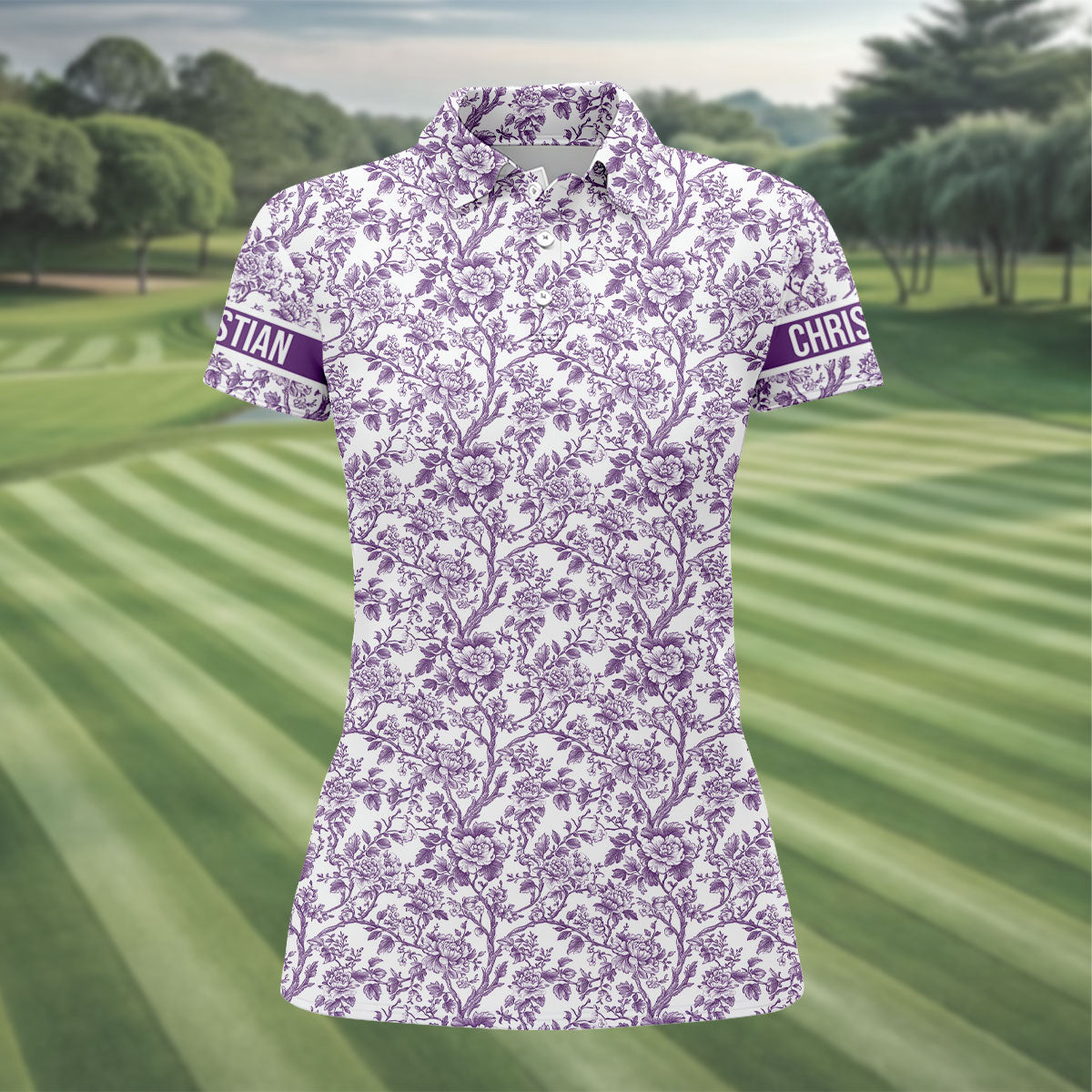 Toile De Jouy Purple Golf Shirt, Women's Golf Tops, Ladies Golf Shirts ...