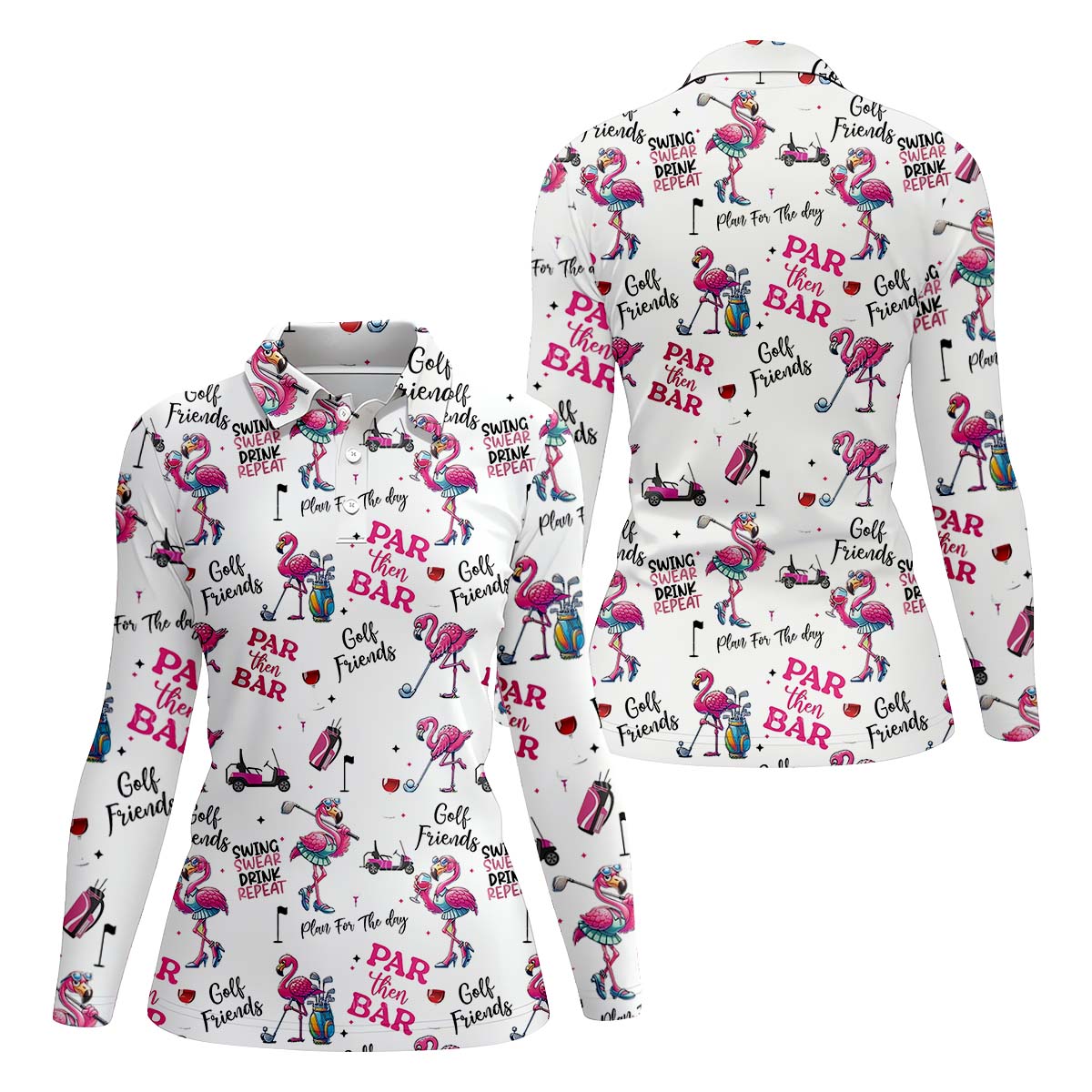 Par Then Bar Flamingo Long Sleeve Polo Womens, Custom Ladies Golf Polo ...