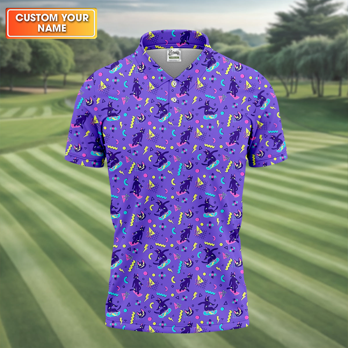 SK8R CAT Patterned Golf Polos, Mens Funny Golf Shirts, Long Sleeve Gol ...